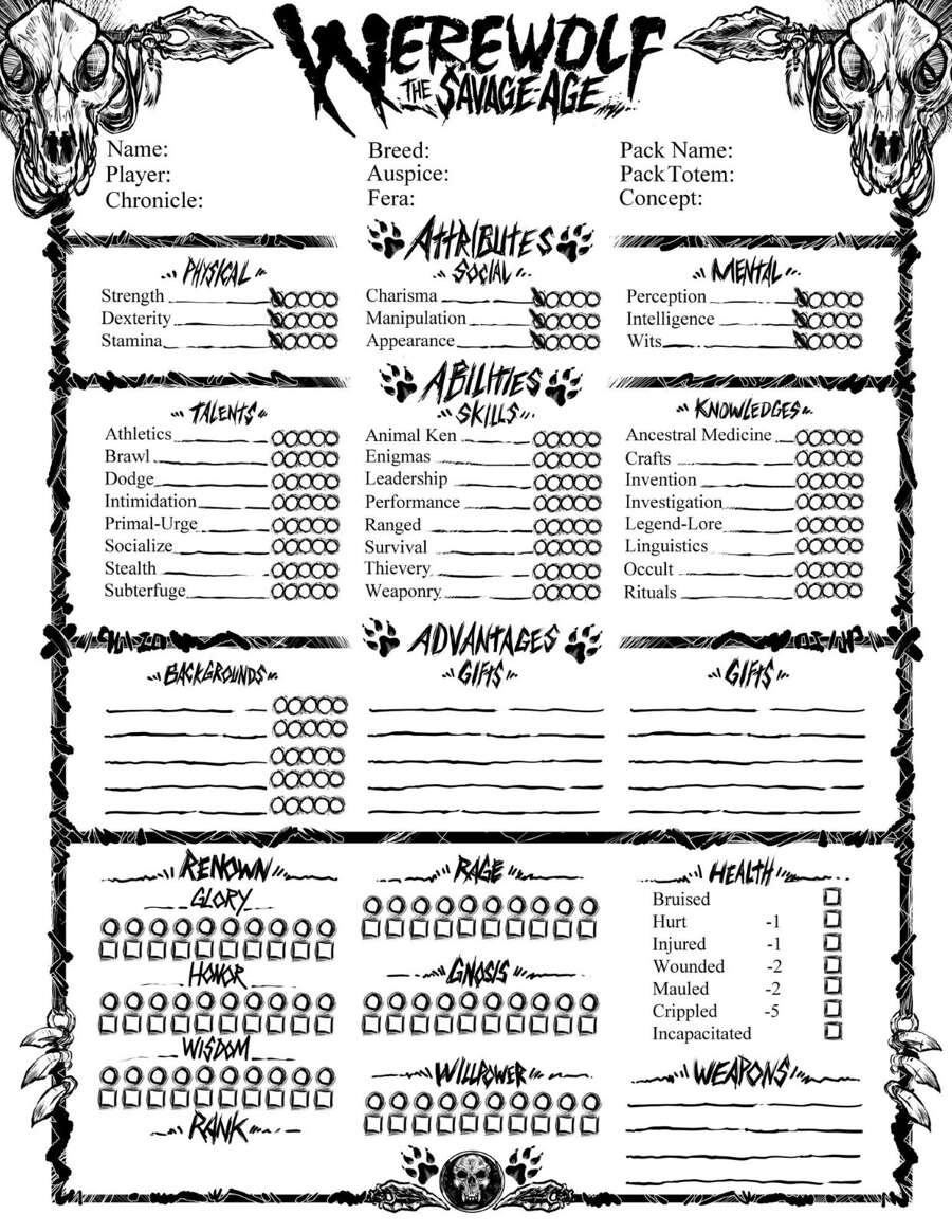 Werewolf The Apocalypse Character Sheet Werewolf Character Journal