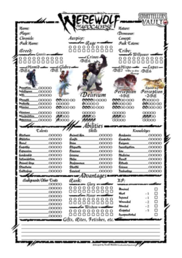 Werewolf the Apocalypse 20th ed. - WtA Character Sheet - Color - W20 Skills - White Wolf ...
