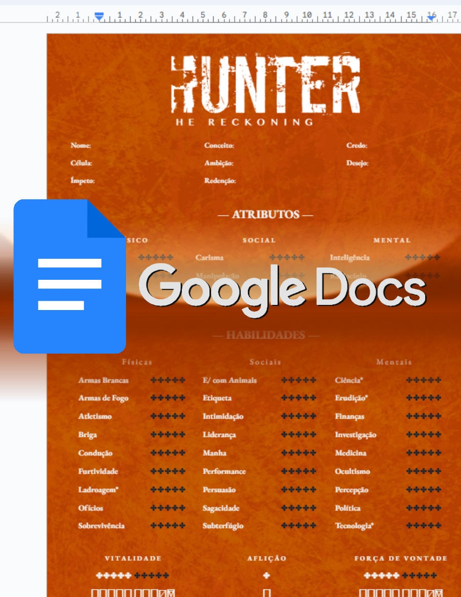Ficha Bonita Editavel de Hunter: The Reckoning V5 no Google Docs - White Wolf | DriveThruRPG