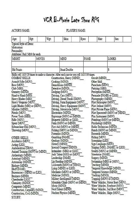VCR B-Movie Late Show Sheet - Eldrad Wolfsbane | DriveThruRPG