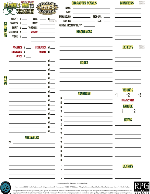Darwin's World: Nuclear Edition Character Sheet - Misfit Studios ...