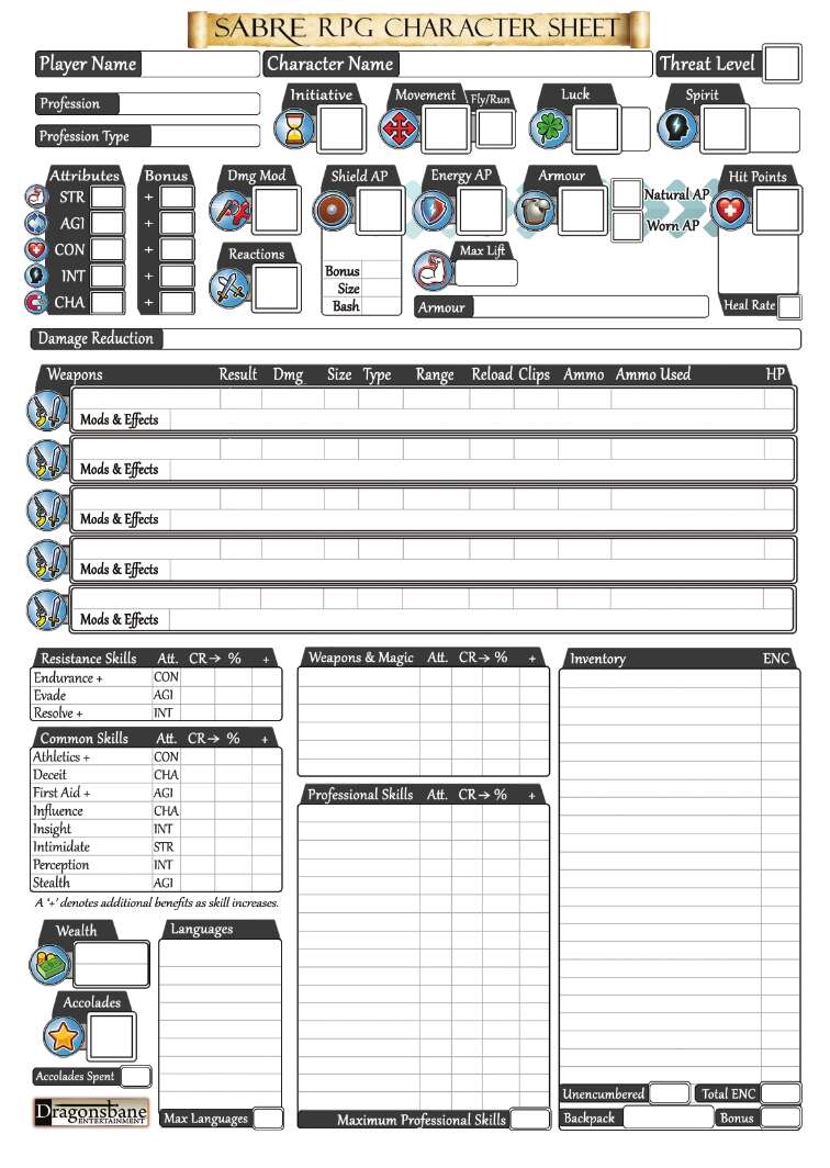 Sabre RPG 3e Fillable PDF Character Forms - Dragonsbane Entertainment ...
