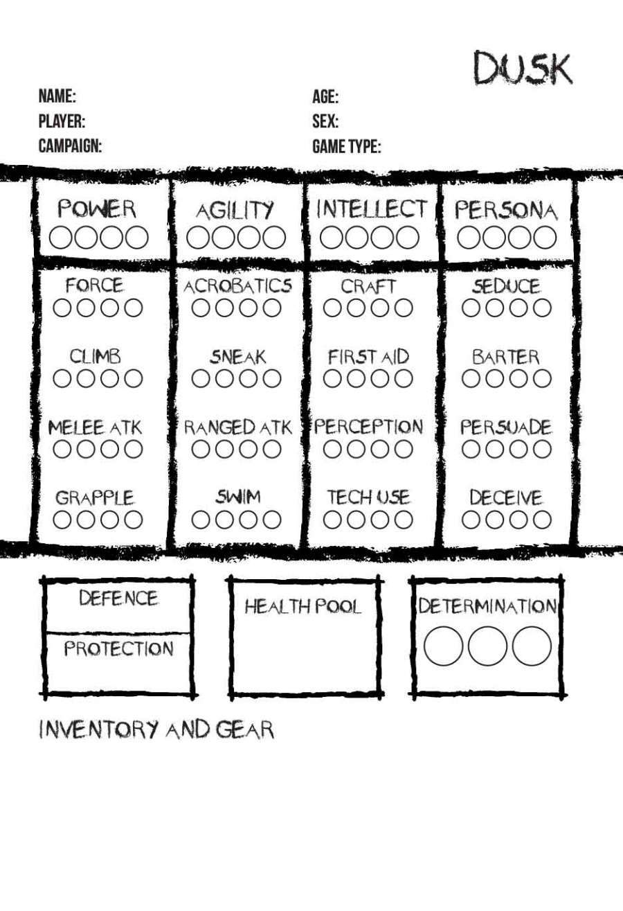 DUSK Character Sheet (Printer Friendly) - Frenzy Kitty Games ...