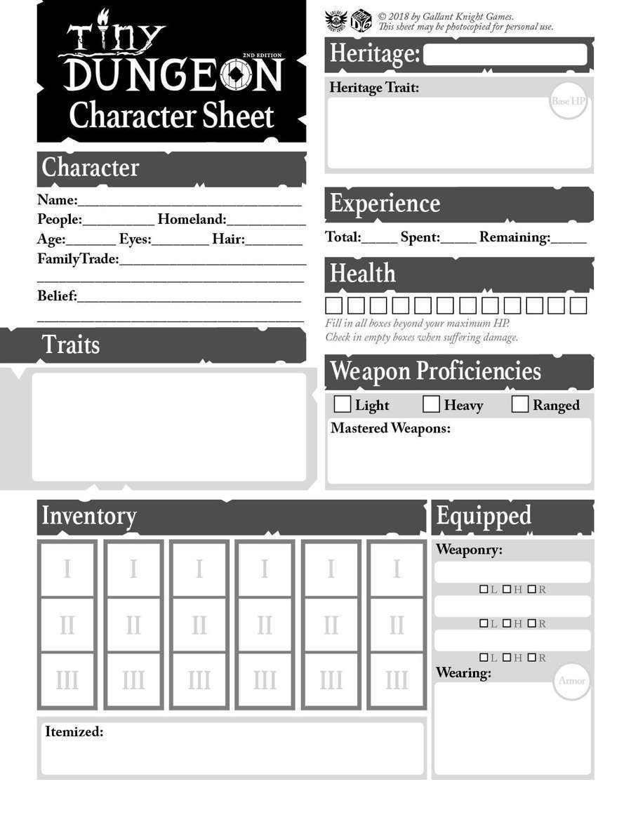 Tiny Dungeon 2e: Character Sheet - Gallant Knight Games | TinyD6 | DriveThruRPG