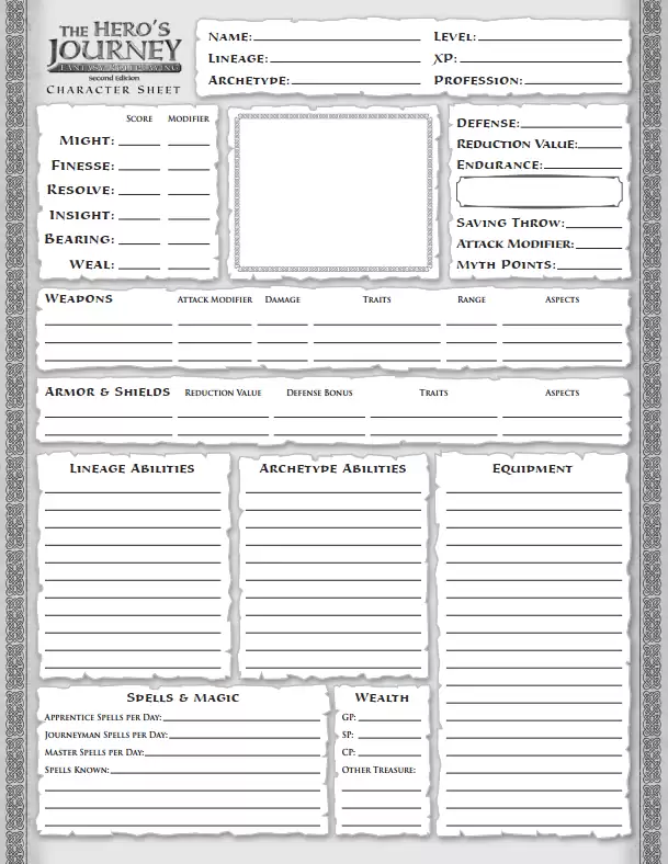 The Hero's Journey 2e: Character Sheet - Gallant Knight Games | Barrel ...