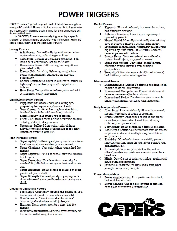 CAPERS Power Triggers - NerdBurger Games | CAPERS | DriveThruRPG