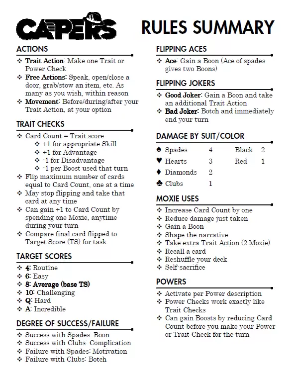 CAPERS Rules Summary - NerdBurger Games | CAPERS | DriveThruRPG