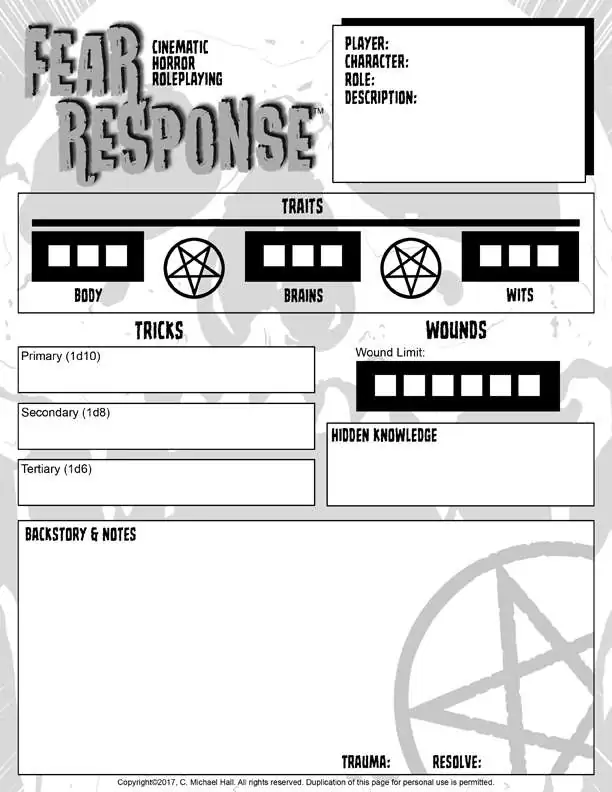 Character Sheet for Fear Response: Cinematic Horror Roleplaying - C ...