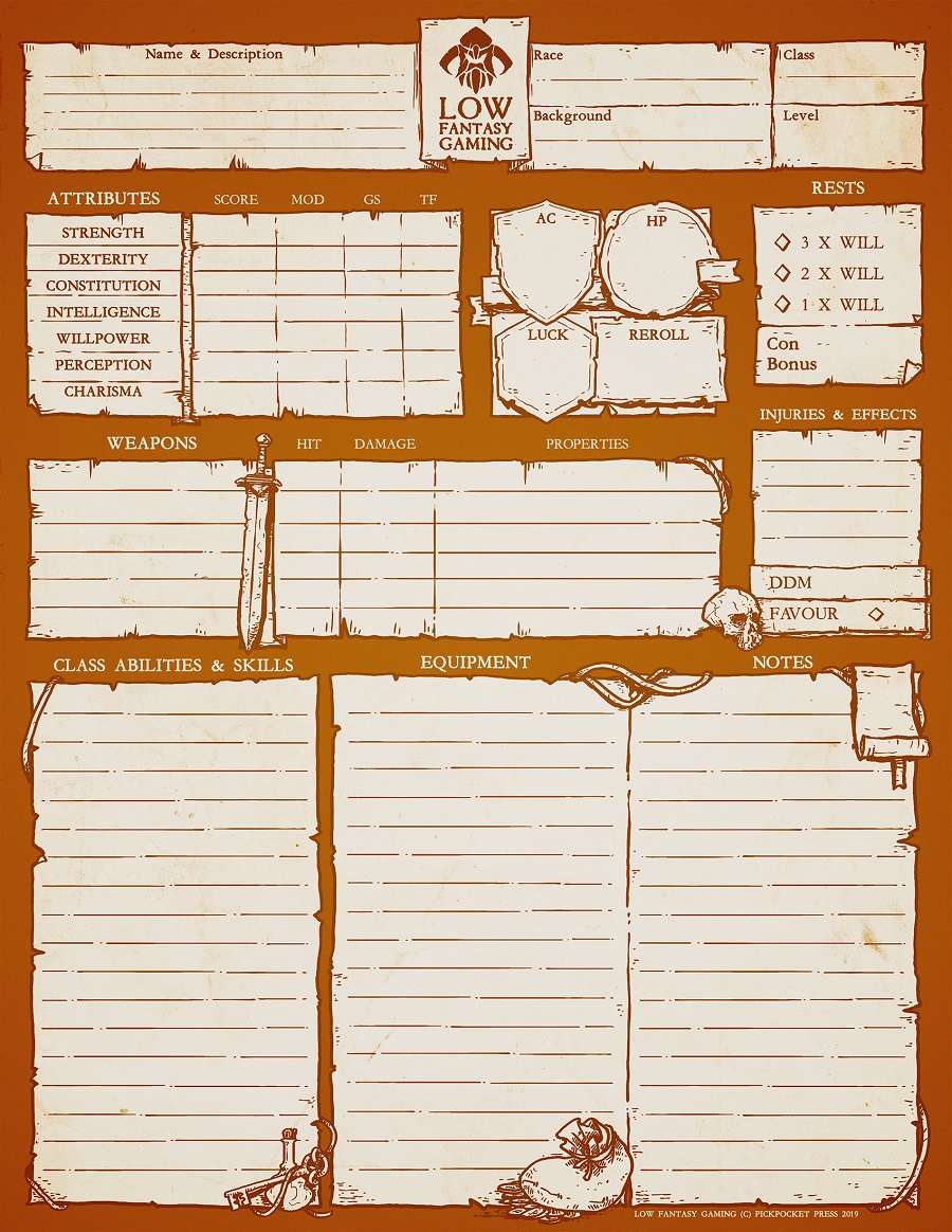 Low Fantasy Gaming Deluxe Edition - Character Sheet - Pickpocket Press | Low Fantasy Gaming ...