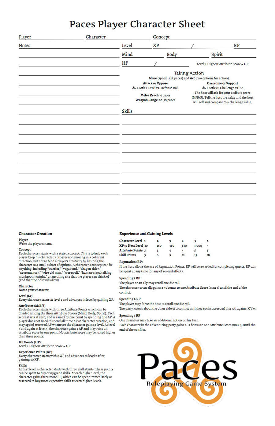 Paces RPG Character Sheet - Amos W. Hairston | DriveThruRPG