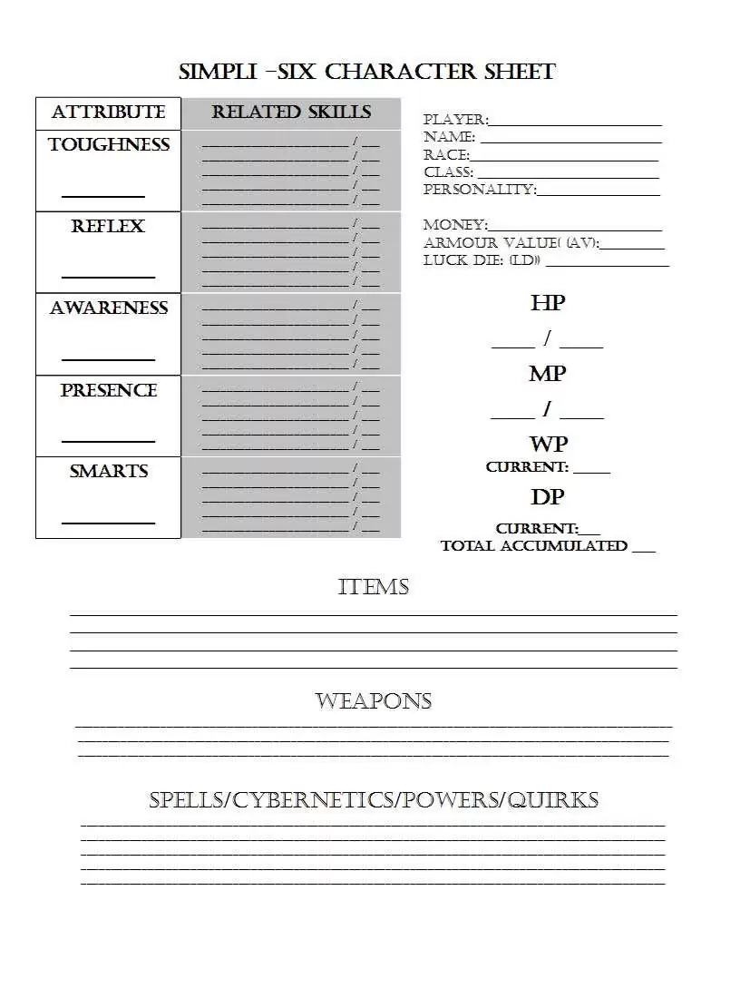 Simpli-6 Character Sheets - Atlantic Pen & Paper Games | Atlantic Pen ...
