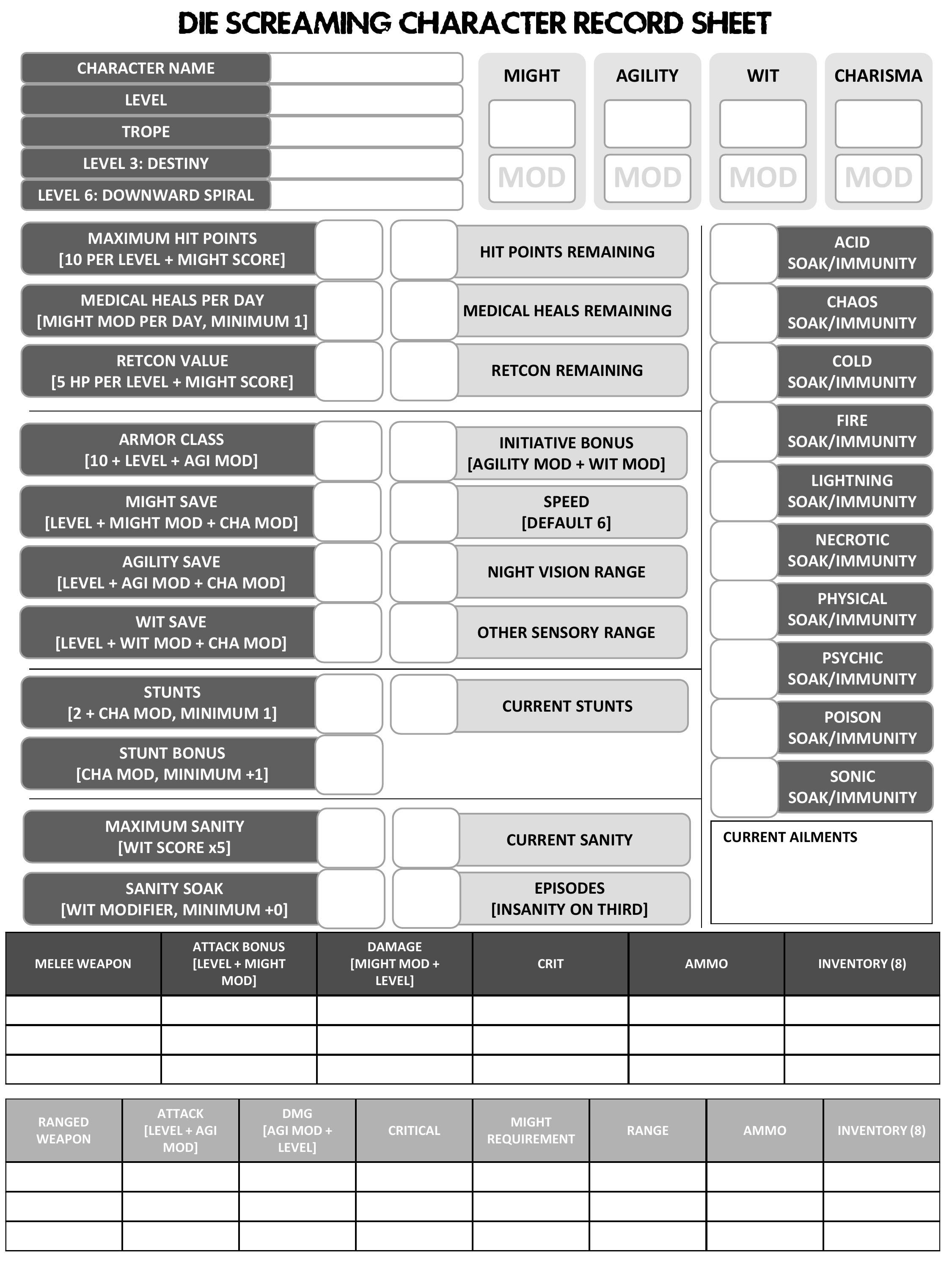 Die Screaming Character Sheet - Bryan Rantala | DriveThruRPG