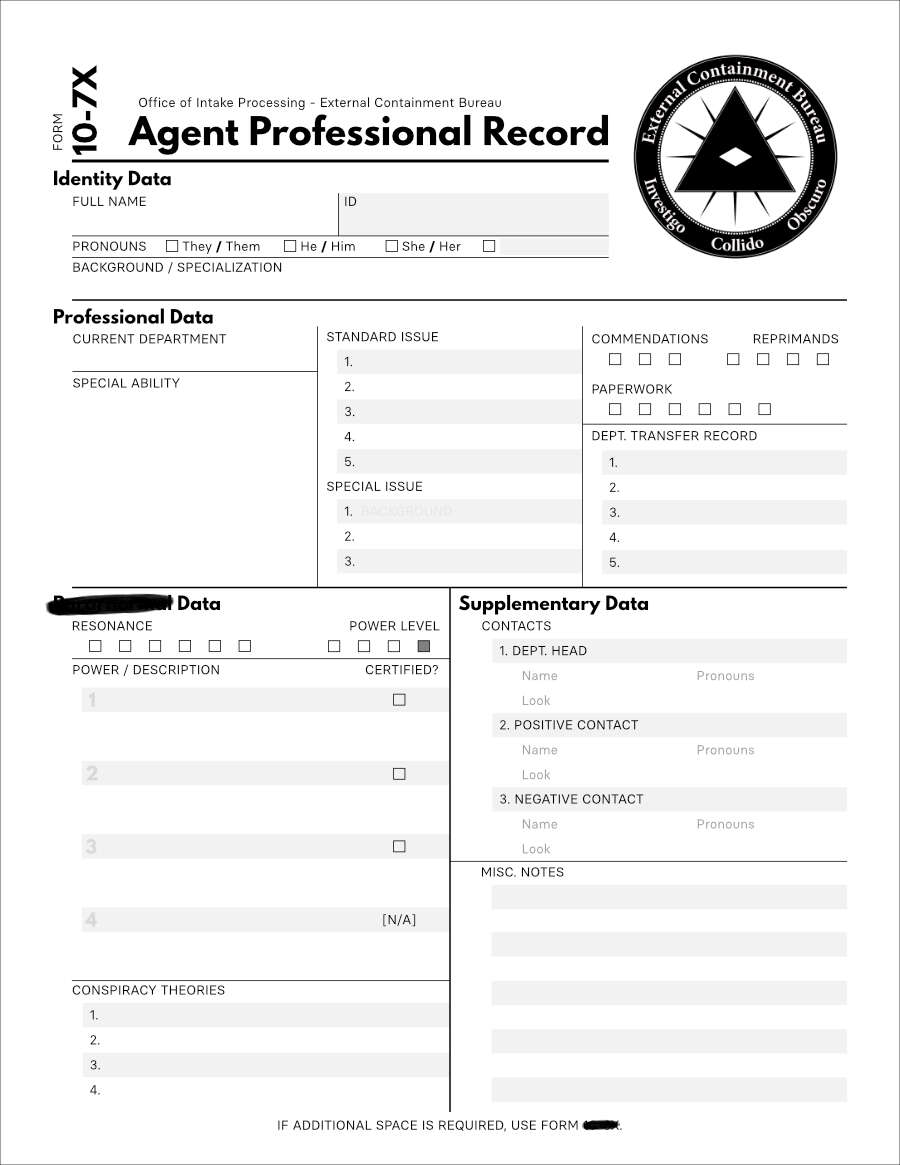 External Containment Bureau Character Sheet - Mythic Gazetteer, LLC | DriveThruRPG