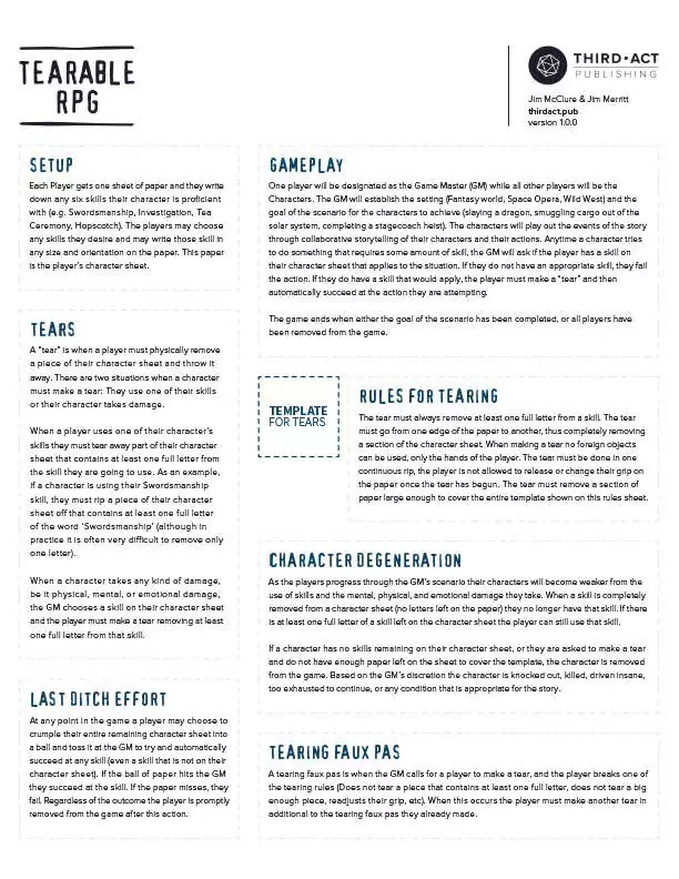 Tearable RPG - Third Act Publishing | DriveThruRPG