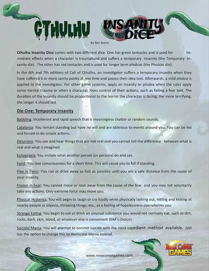 Fear Insanity Dice Guide - New Comet Games | DriveThruRPG