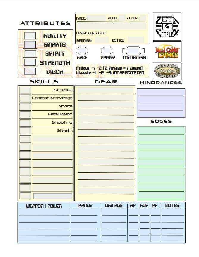 Zeta Complex: Fillable Character Sheet - New Comet Games | DriveThruRPG