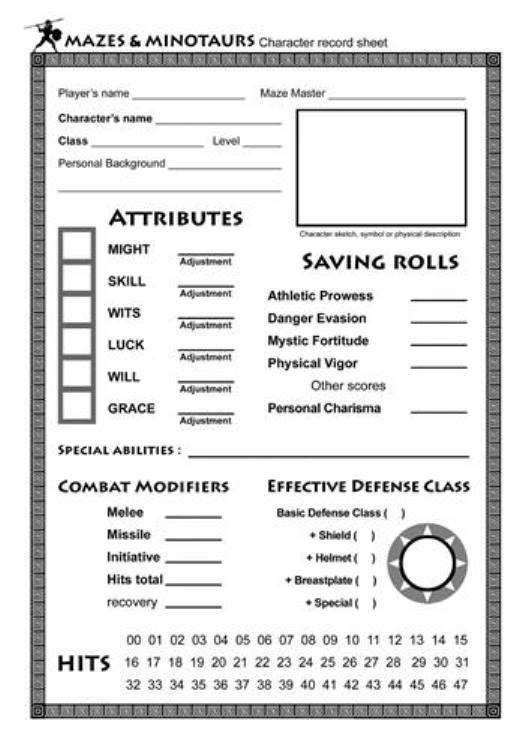 Mazes & Minotaurs Character Record Sheet - Legrand Games Studio | MAZES ...