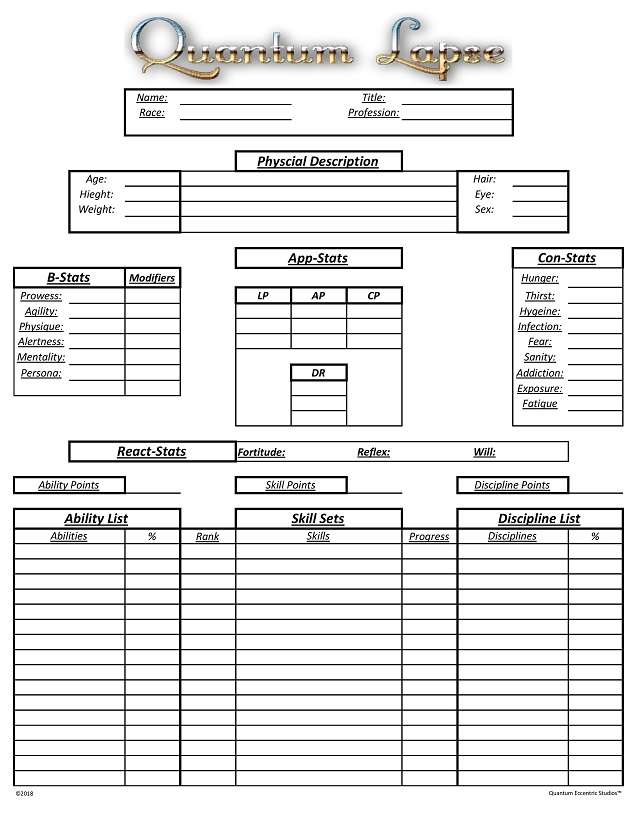 Quantum Lapse Character Sheet - Quantum Eccentric Studios | DriveThruRPG