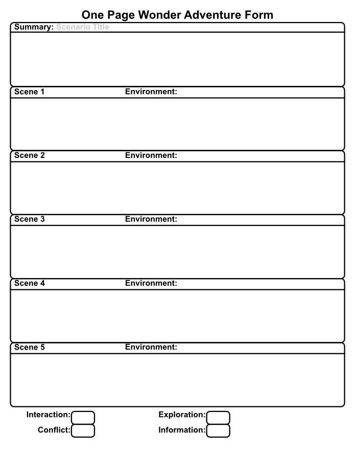 One Page Wonders Adventure Worksheet - John H. Reiher Jr. Games | One ...