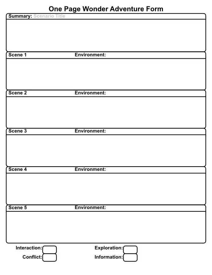 One Page Wonders Adventure Worksheet - John H. Reiher Jr. Games | One ...
