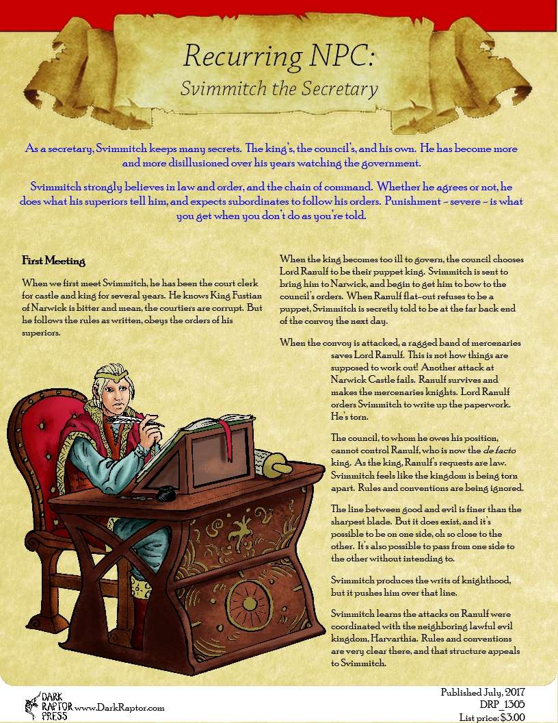 Recurring NPC - Svimmitch the Secretary - Dark Raptor Press | DriveThruRPG