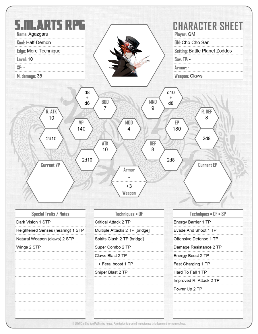 S.M.ARTS RPG - Character Sheet (fillable) - Cho Cho San | DriveThruRPG