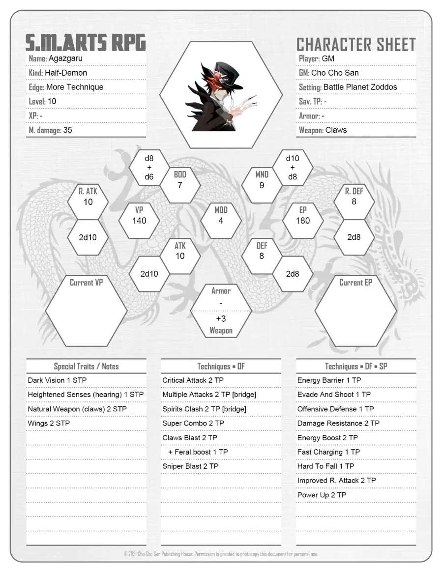 S.M.ARTS RPG - Character Sheet (fillable) - Cho Cho San | DriveThruRPG