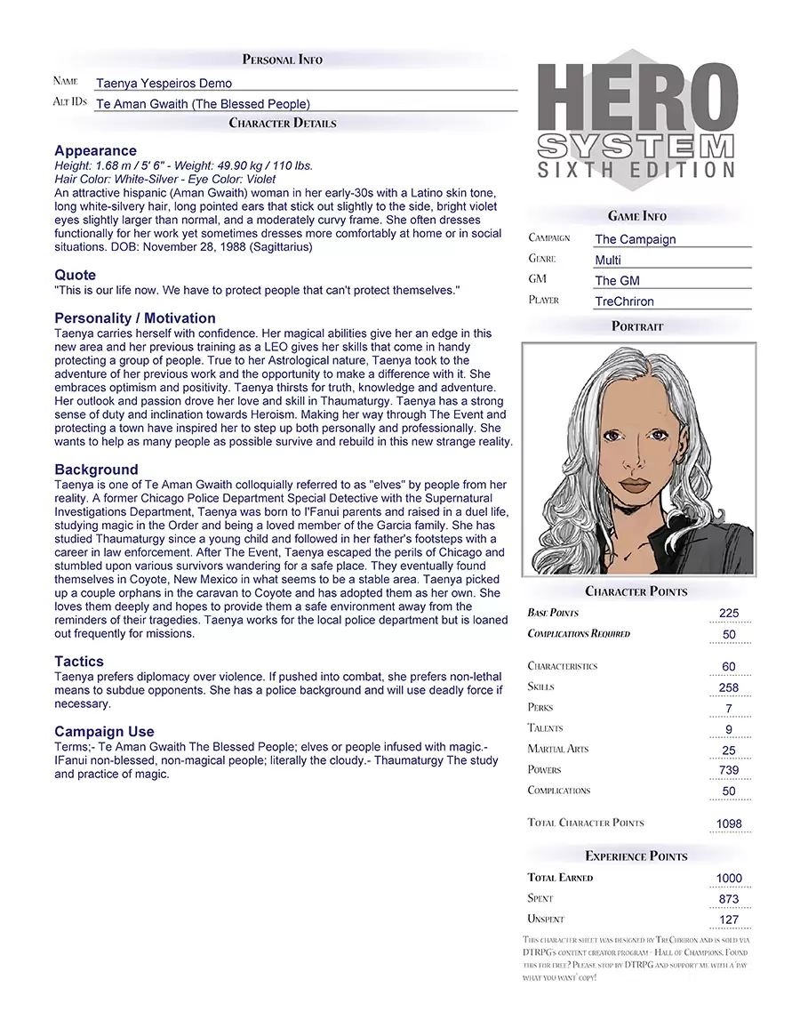 TreChriron's Deluxe Character Sheet - Hero Games | Hall of Champions ...