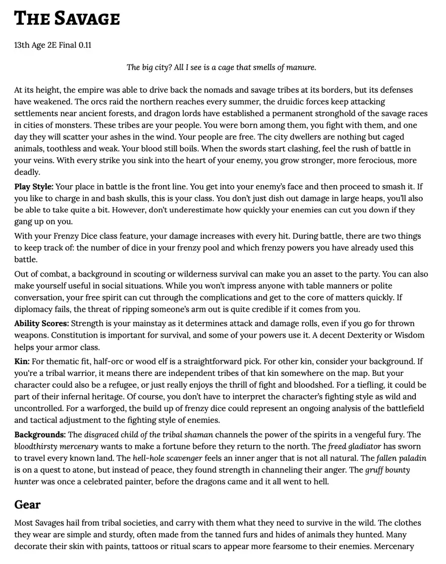 The Savage - 13th Age 2nd Edition Playtest - Kinoko Games | DriveThruRPG