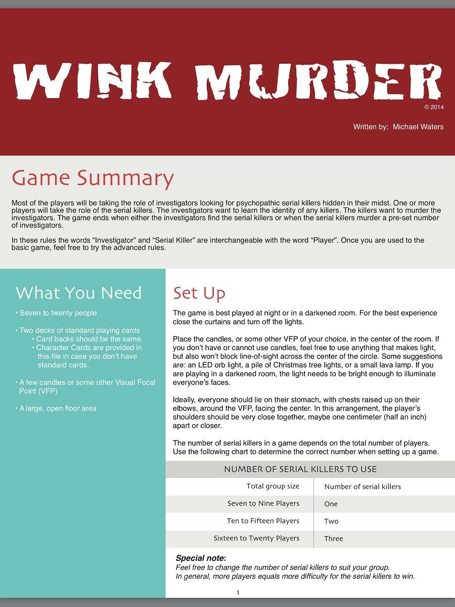 Wink Murder (Color) - Modern Parlour Games | DriveThruRPG