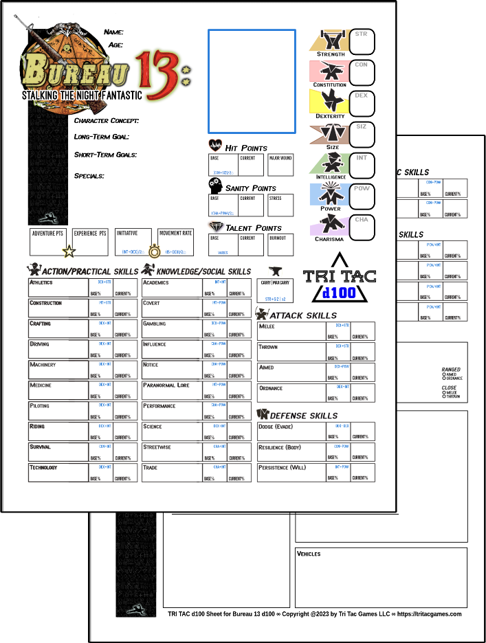Bureau 13 d100 Character Sheet 2024 - Tri Tac Games LLC | DriveThruRPG