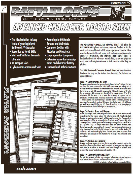 Battlelords - Character Sheets (6th Edition) - 23rd Century Productions ...
