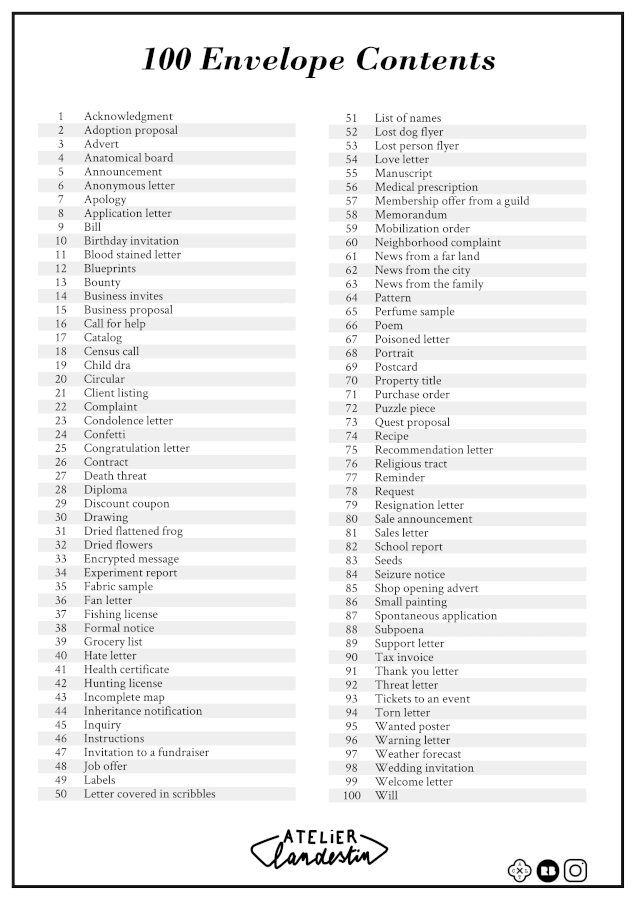 100 Envelope Contents - Atelier Clandestin | Freebies | DriveThruRPG