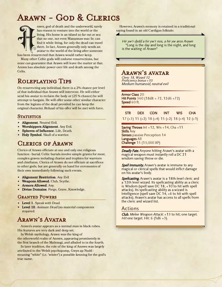 ARAWN DND 5e - God, Clergy & Avatar - ANGRY GOLEM GAMES | DnD5e ...