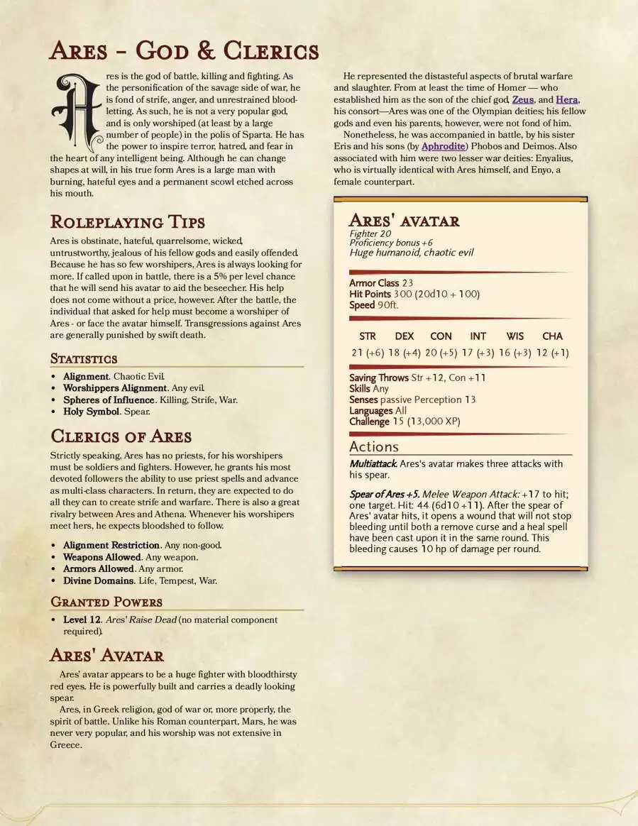 ARES DND 5e - God, Clergy & Avatar - ANGRY GOLEM GAMES | DnD5e ...