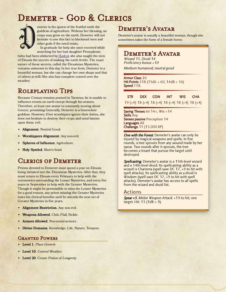 DEMETER DND 5e - God, Clergy & Avatar - ANGRY GOLEM GAMES | DnD5e | DriveThruRPG