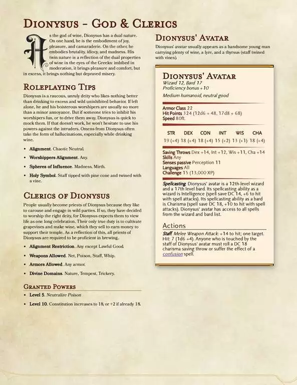 DIONYSUS DND 5e - God, Clergy & Avatar - ANGRY GOLEM GAMES | DnD5e | DriveThruRPG