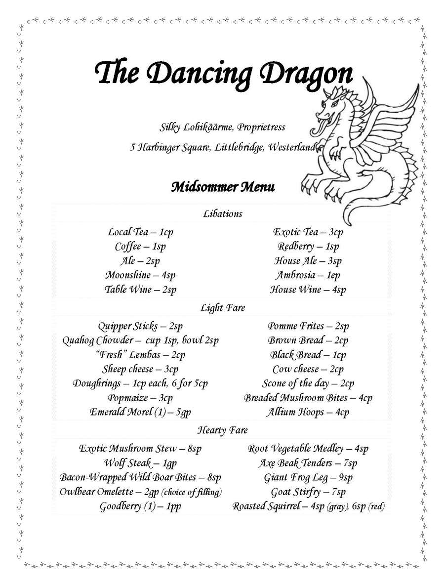 Fantasy Tavern Menu - The Dancing Dragon - Wynn James Creative ...