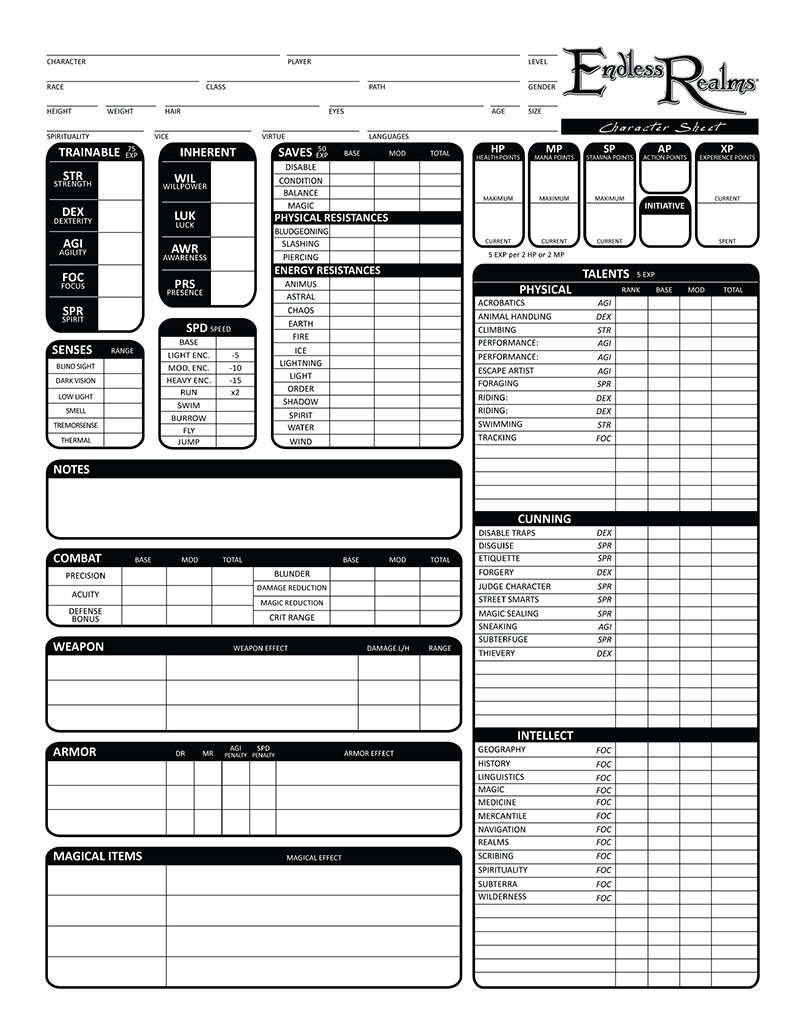 Endless Realms Character Sheet - Lunar Games Inc | DriveThruRPG