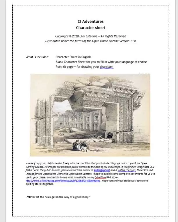 CI Adventures Character Sheet - CI Adventures | DriveThruRPG