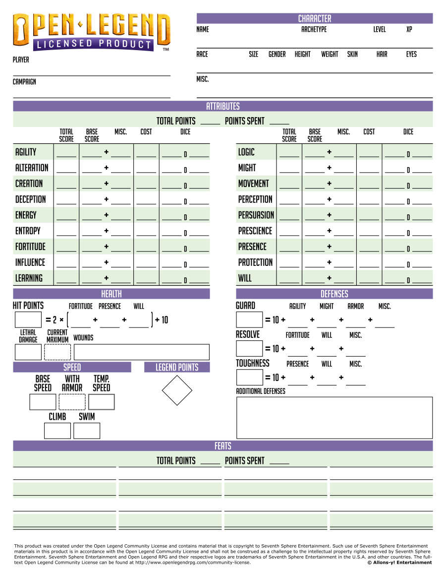 Open Legend Printable Character Sheet - 1 to 20 Games | DriveThruRPG