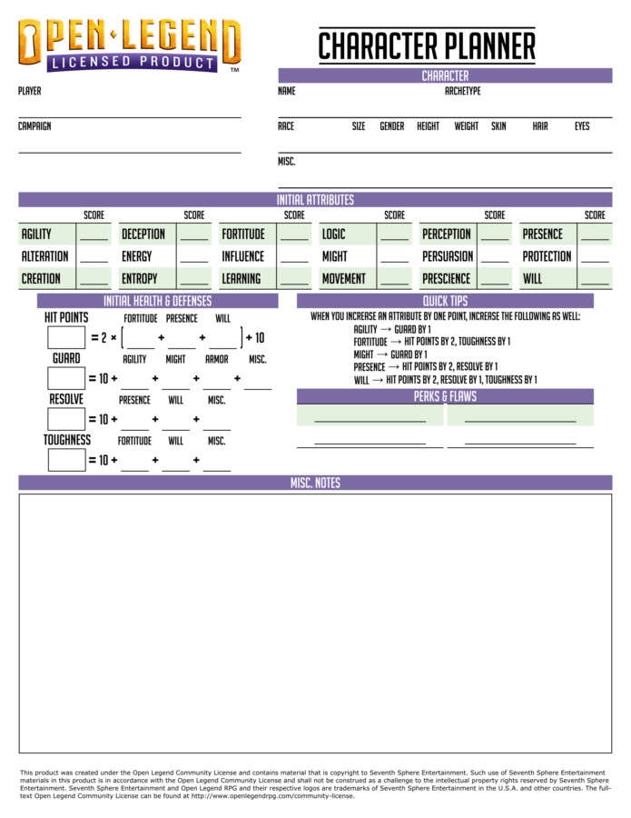 Character Planner [Open Legend] - 1 to 20 Games | DriveThruRPG