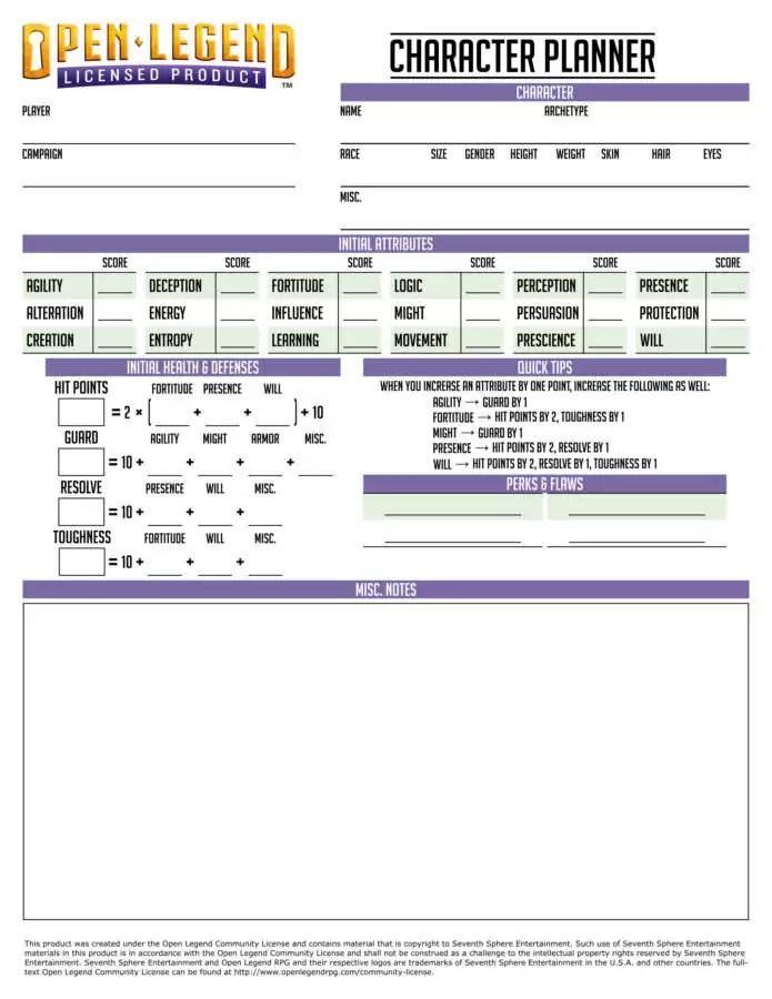 Character Planner [Open Legend] - 1 to 20 Games | DriveThruRPG