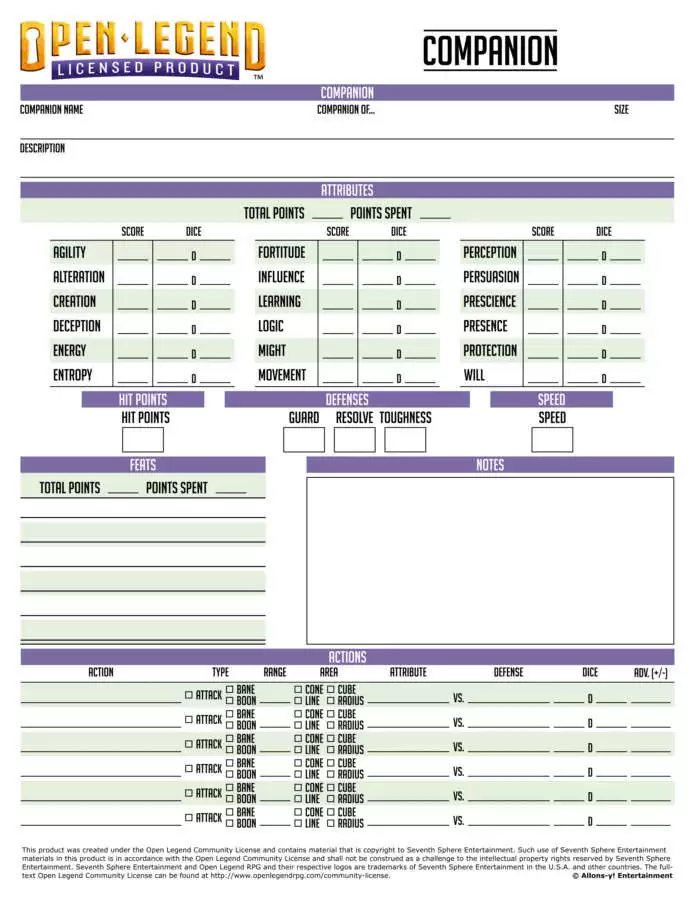 Companion Sheet [Open Legend] - 1 to 20 Games | DriveThruRPG