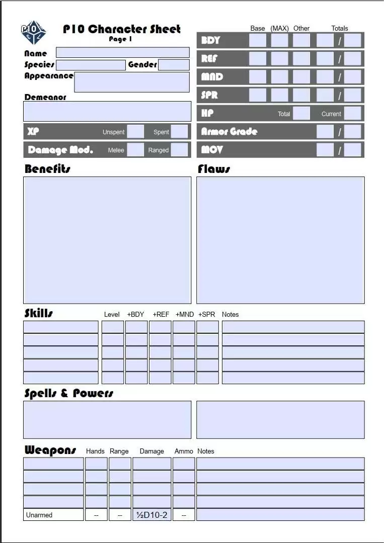 Power of 10 (P10) - Character sheet FORM-FILLABLE PDF - Flight of the ...