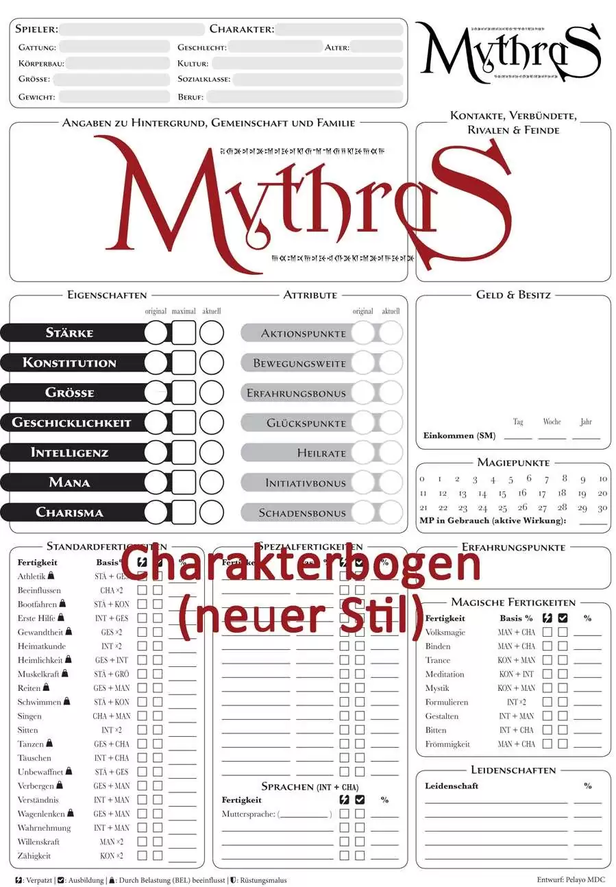 Mythras Charakterbogen - 100 Questen Gesellschaft e.V. | DriveThruRPG