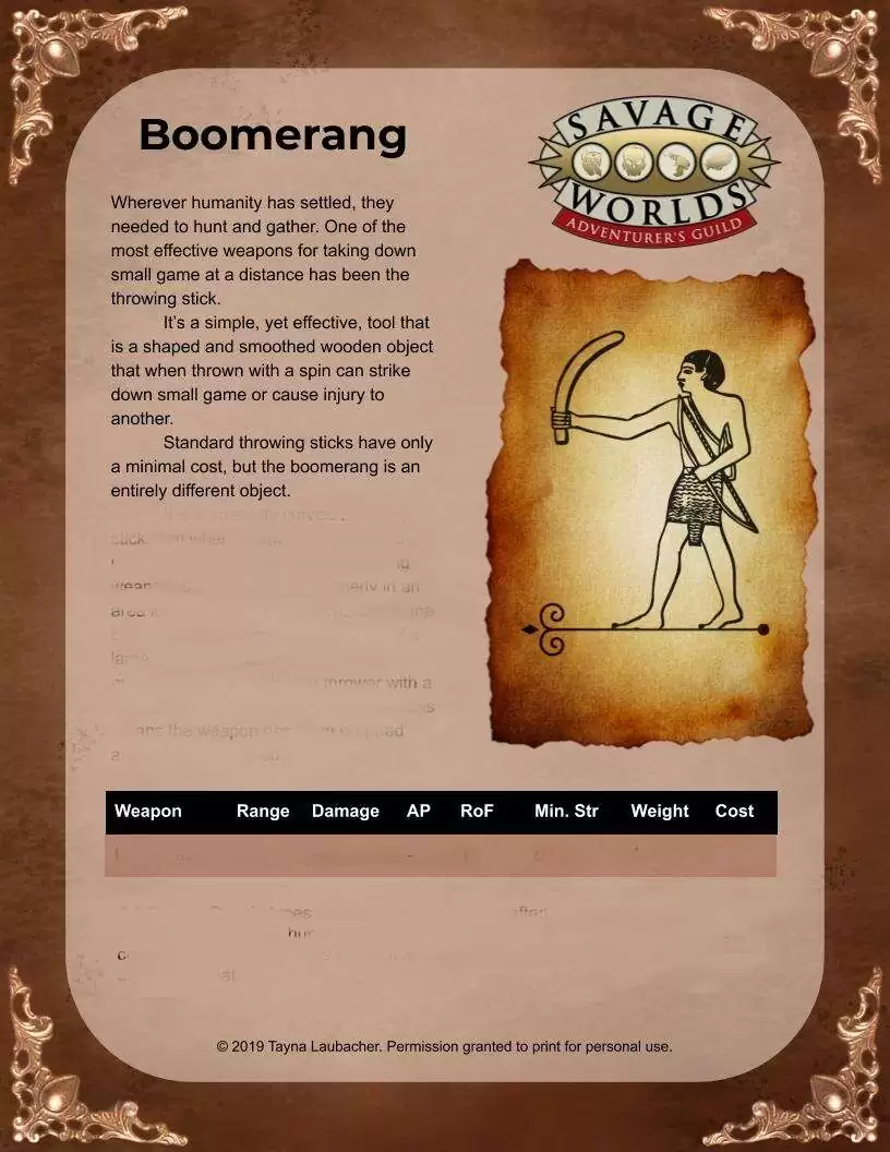 Boomerang - One Sheet for Savage Worlds - Tayna Laubacher | DriveThruRPG