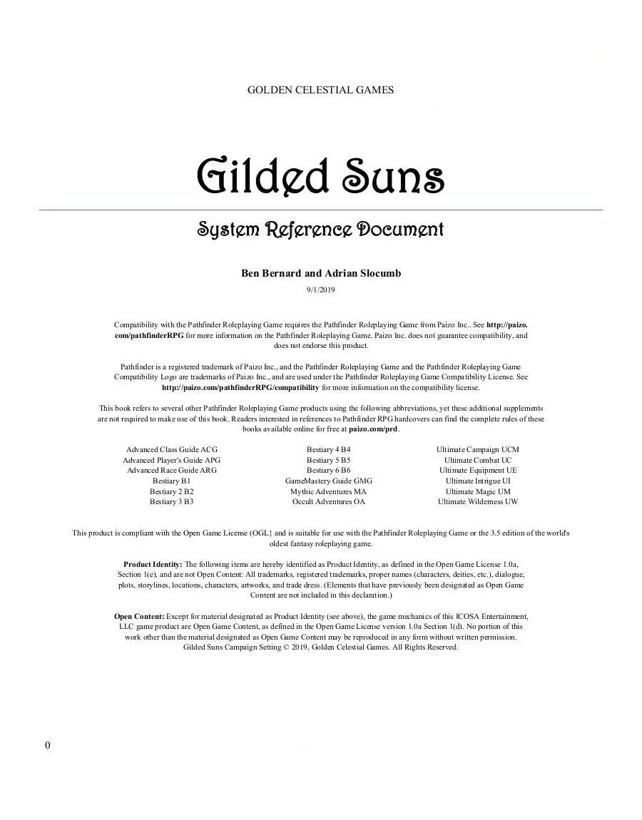 Gilded Suns System Reference Document - Golden Celestial Games | Gilded ...
