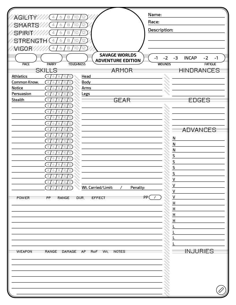 Printer Friendly SWADE Character Sheet - Demonskunk Studios | DriveThruRPG