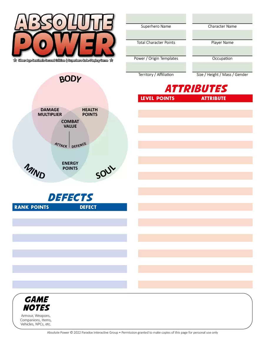 Absolute Power Fillable Character Sheet (Silver Age Sentinels Second ...